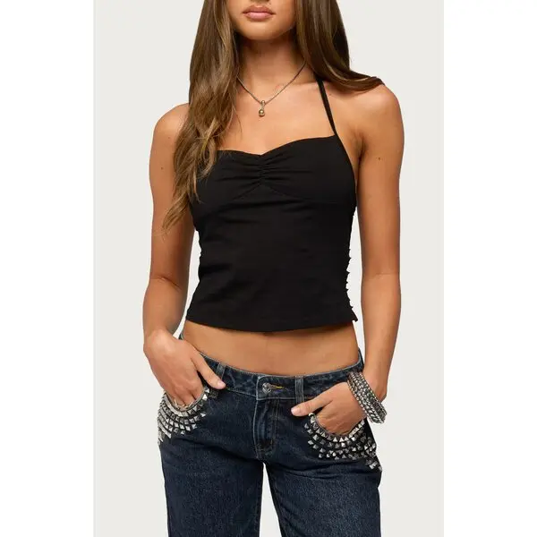 EDIKTED Minsoo Shredded Back Halter Top - Black