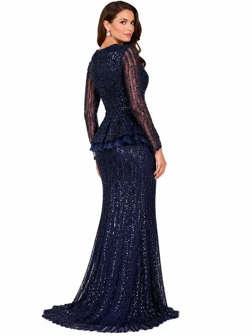 LARA NEW YORK Long Sleeve Beaded Peplum Gown