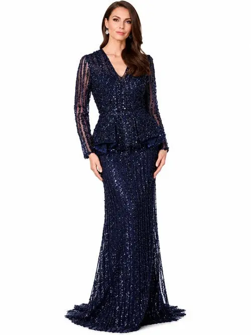LARA NEW YORK Long Sleeve Beaded Peplum Dress - Navy