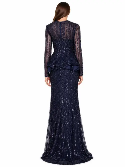 LARA NEW YORK Long Sleeve Beaded Peplum Gown