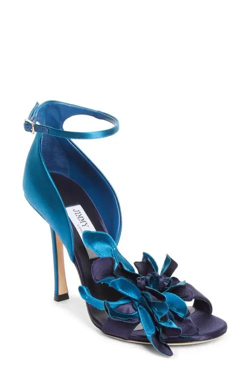 JIMMY CHOO Coko Satin Stiletto Sandal With Floral Embellishment - Marine/lagoon