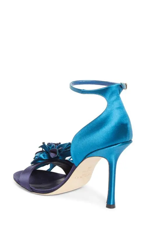 JIMMY CHOO Coko Satin Stiletto Sandal With Floral Embellishment - Marine/lagoon