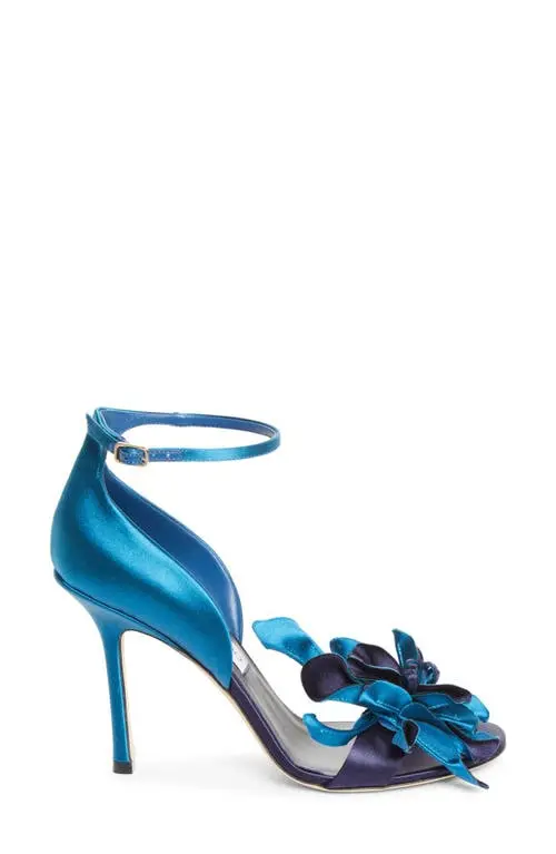 JIMMY CHOO Coko Satin Stiletto Sandal With Floral Embellishment - Marine/lagoon