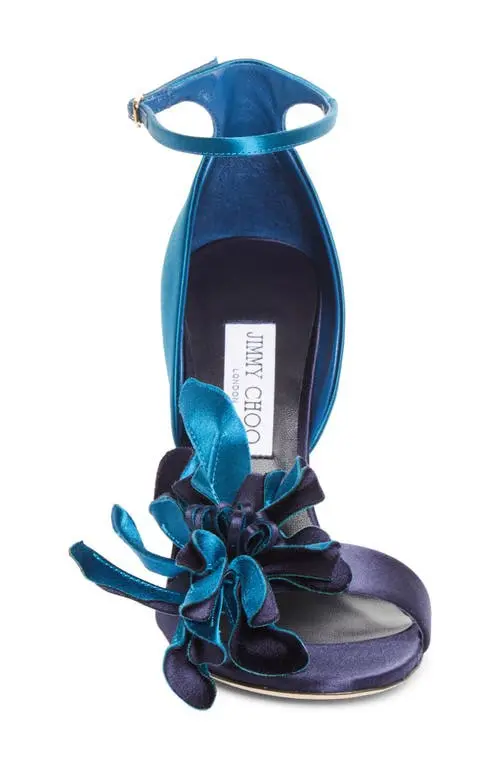 JIMMY CHOO Coko Satin Stiletto Sandal With Floral Embellishment - Marine/lagoon