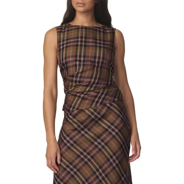 Joe's Jeans The Meg Ruched Sleeveless Top - Camel Plaid