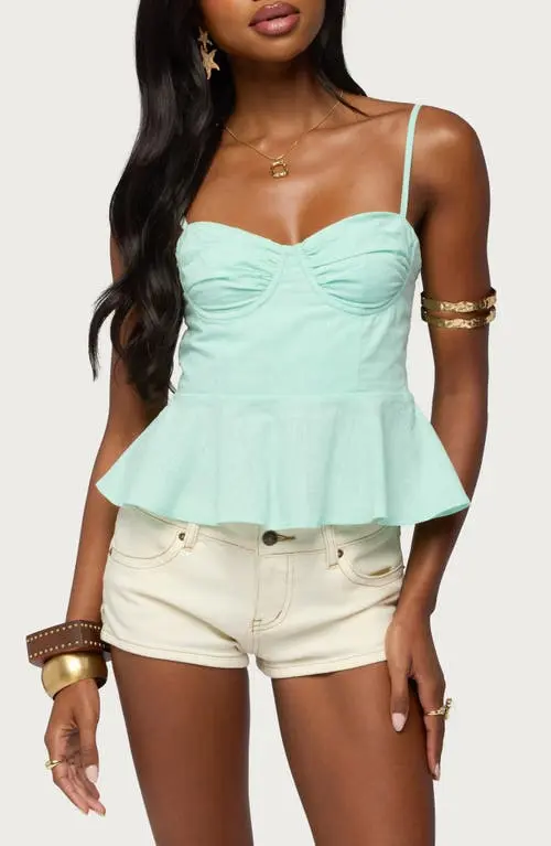 EDIKTED Linen Look Peplum Tank Top - Aqua