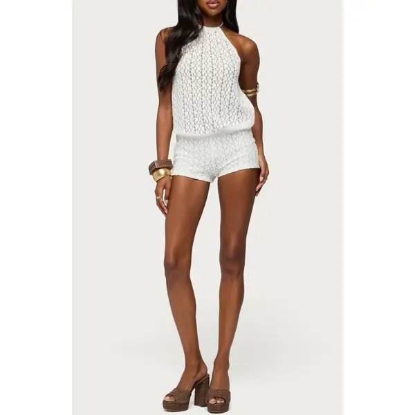 EDIKTED Nyomi Textured Backless Halter Romper - Cream