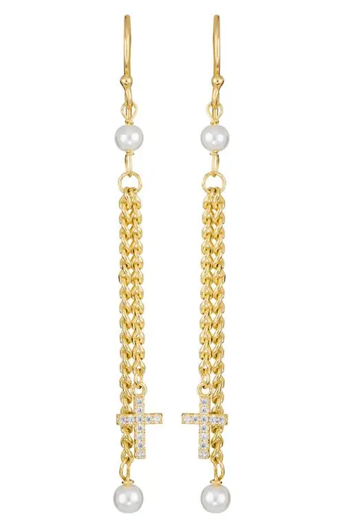 ATHRA LUXE Imitation Pearl & Cross Linear Drop Earrings - Gold