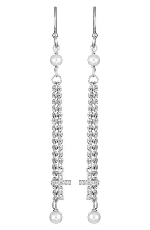 ATHRA LUXE Imitation Pearl & Cross Linear Drop Earrings - Silver