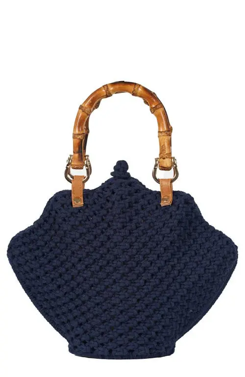 JELAVU Crochet Shell Bag With Bamboo Top Handles - Navy
