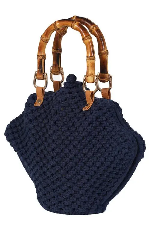 JELAVU Crochet Shell Bag With Bamboo Top Handles - Navy