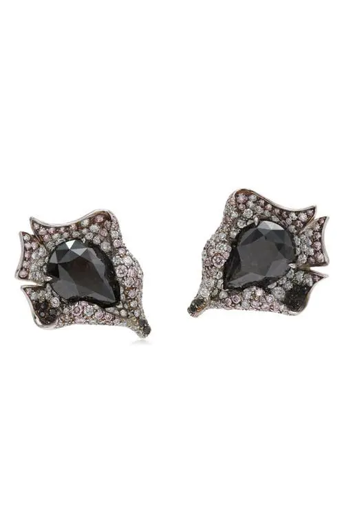 Fred Leighton Signed Natural Black & Mixed Diamond Abstract Flower Stud Earrings - Platinum
