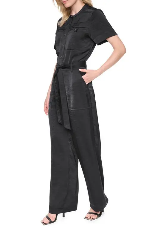 Dkny Tie Waist Satin Utility Jumpsuit - Black