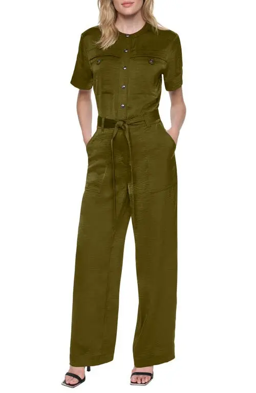 Dkny Tie Waist Satin Utility Jumpsuit - Dark Olive