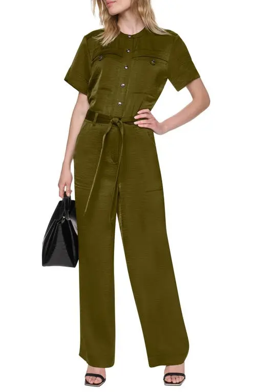 Dkny Tie Waist Satin Utility Jumpsuit - Dark Olive