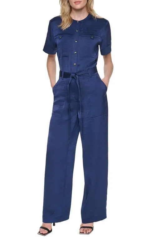 Dkny Tie Waist Satin Utility Jumpsuit - Intrepid Blue