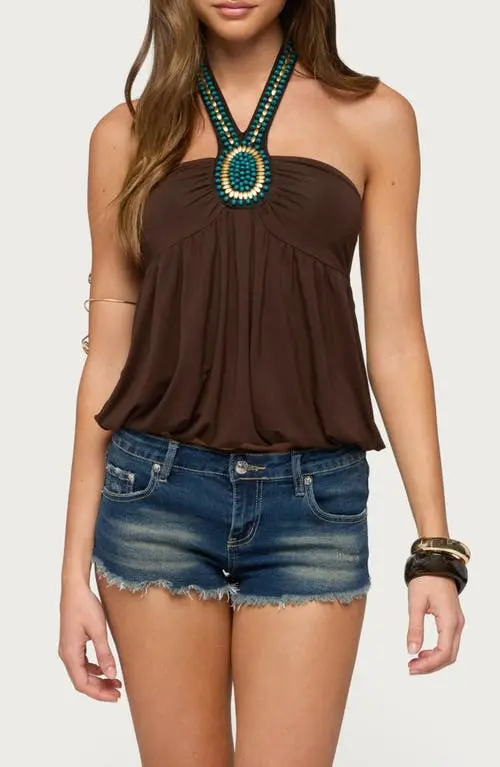 EDIKTED Polie Beaded Bubble Halter Top - Brown
