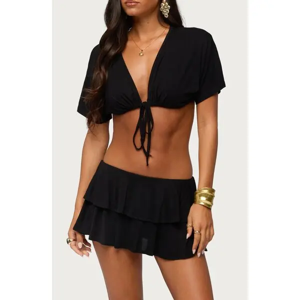 EDIKTED Micky Tie V-neck Crop Top - Black