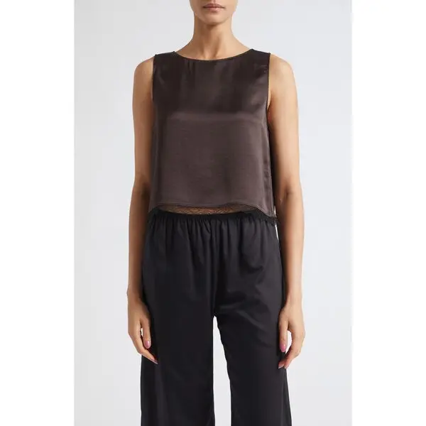 LESET Lace Trim Sleeveless Satin Top - Chocolate