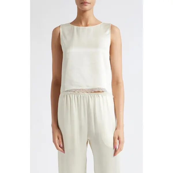 LESET Lace Trim Sleeveless Satin Top - Creme