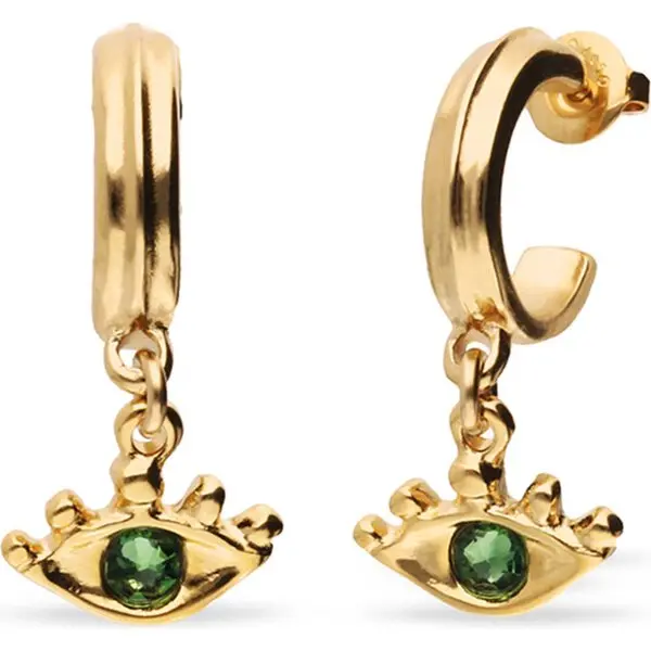UNODE50 18k -plated Hoop Earrings With Eye Detail With Green Crystal - Gold