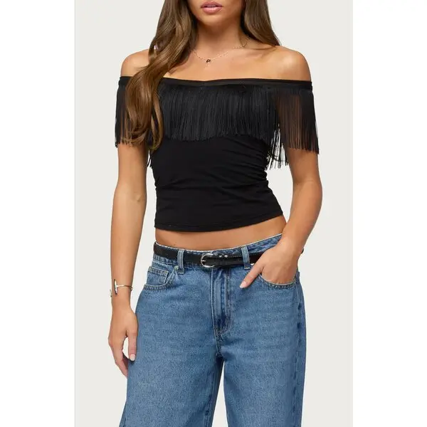 EDIKTED Catelina Fringe Off The Shoulder Top - Black
