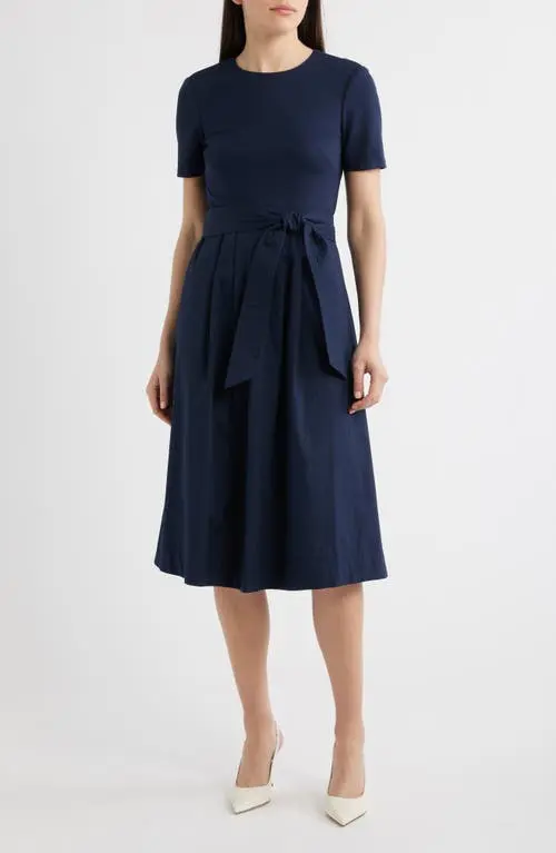Eliza J Jewel Neck Tie Waist Midi Dress - Navy