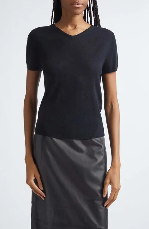 Vince High V-neck Short Sleeve Wool Sweater - Black