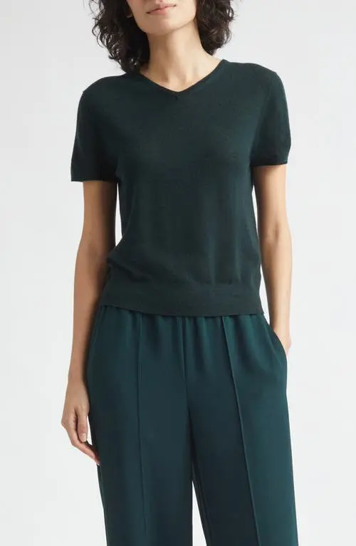 Vince High V-neck Short Sleeve Wool Sweater - Juniper
