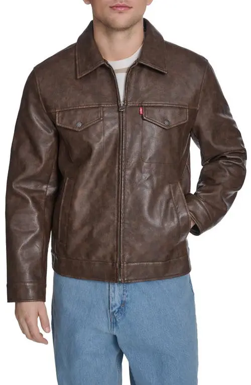 LEVI'S Faux Leather Trucker Jacket - Saddle