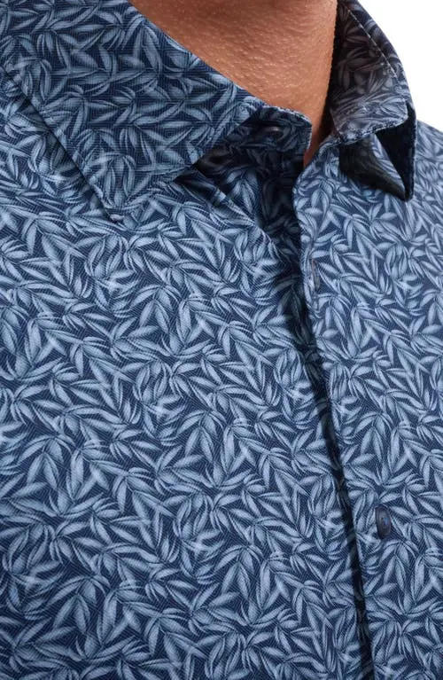 Bugatchi Miles Ooohcotton® Leaf Print Short Sleeve Button-up Shirt - Navy