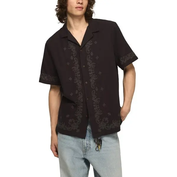 Lucky Brand Embroidered Paisley Camp Shirt - Caviar