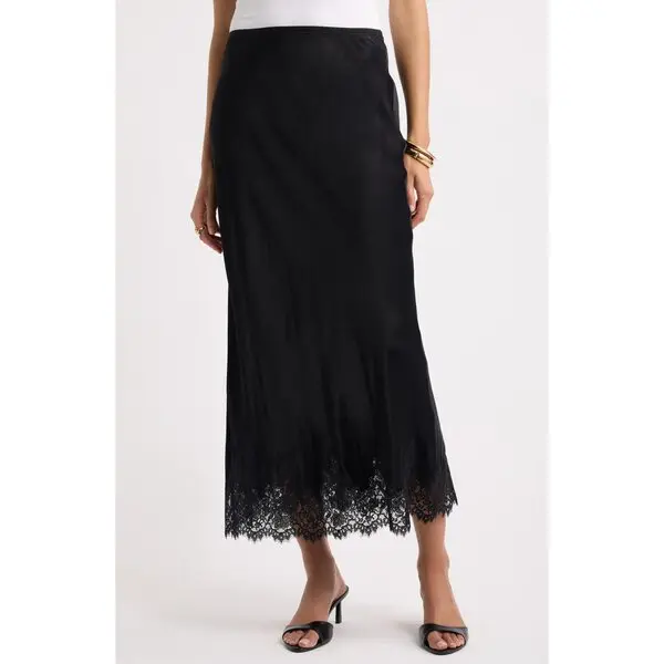 Nordstrom Lace Trim Bias Midi Skirt - Black