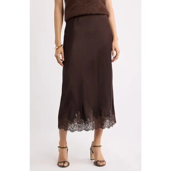 Nordstrom Lace Trim Satin Bias Midi Skirt - Brown Mole