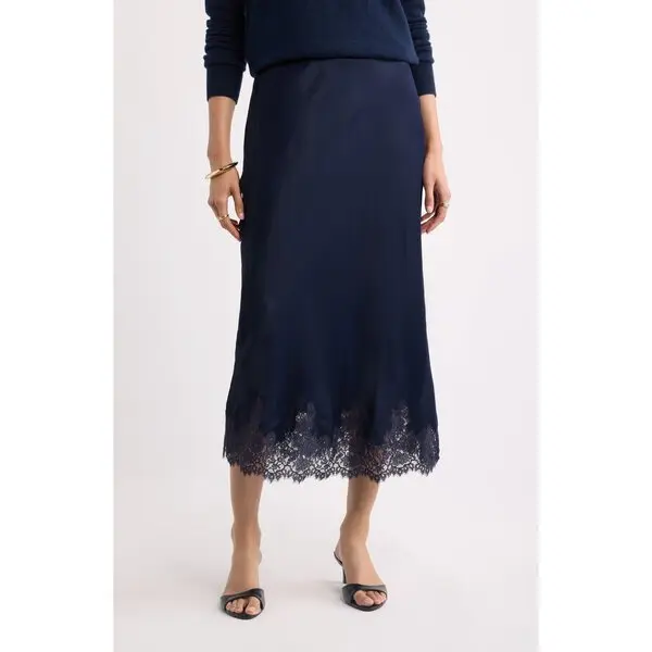 Nordstrom Lace Trim Satin Bias Midi Skirt - Navy Night