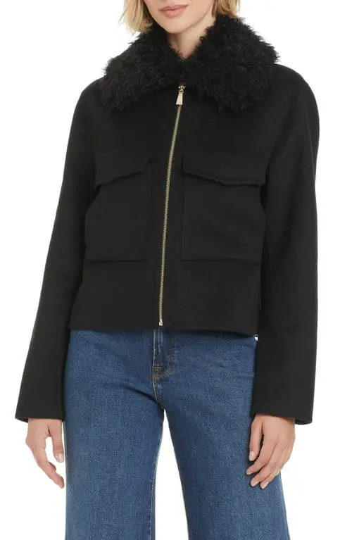 Kate Spade New York Wool Blend Jacket With Removable Faux Shearling Collar - Black