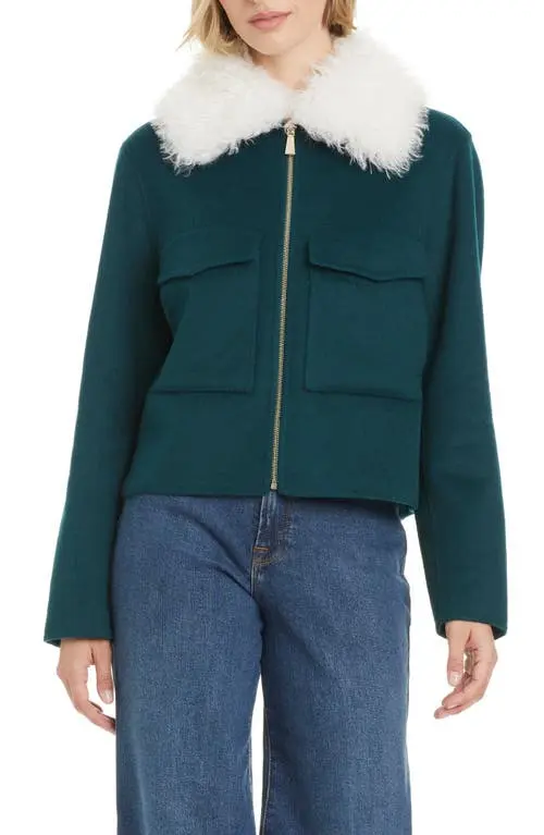 Kate Spade New York Wool Blend Jacket With Removable Faux Shearling Collar - Transformative Teal