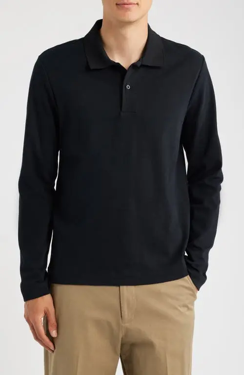 Vince Long Sleeve Peached Cotton Jersey Polo - Black