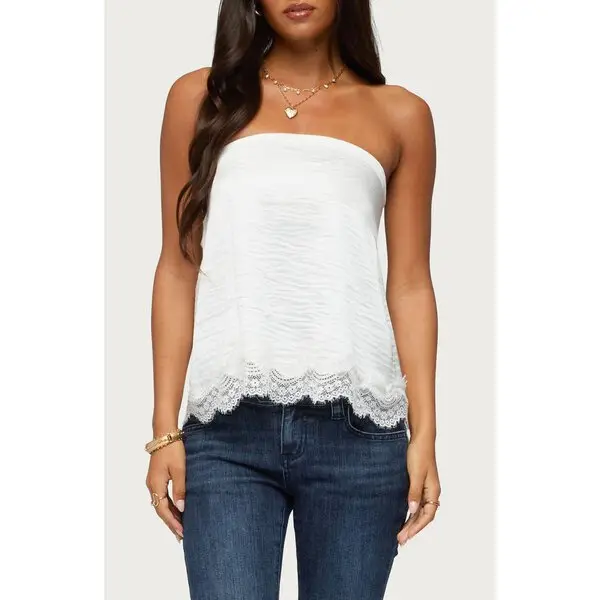 EDIKTED Netta Lacey Strapless Satin Top - White