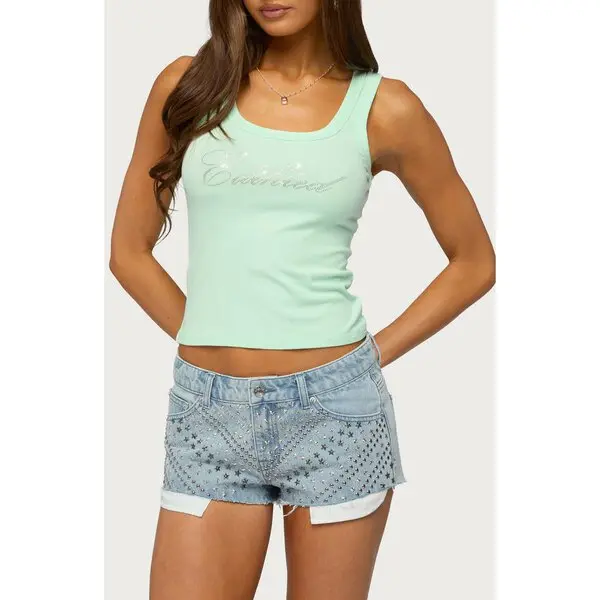 EDIKTED Star Rhinestone Ribbed Tank Top - Mint