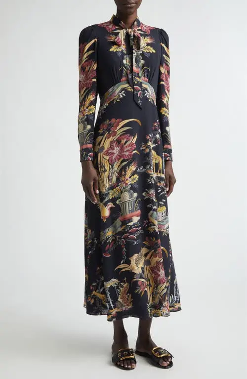 Etro Placed Flower & Animal Print Tie Neck Long Sleeve Dress - Black