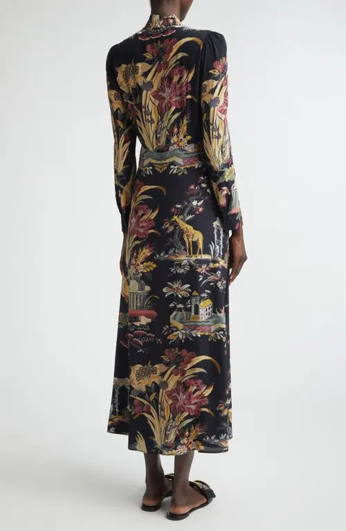 Etro Placed Flower & Animal Print Tie Neck Long Sleeve Dress