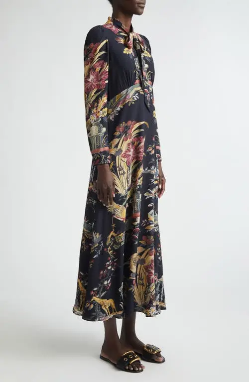 Etro Placed Flower & Animal Print Tie Neck Long Sleeve Dress