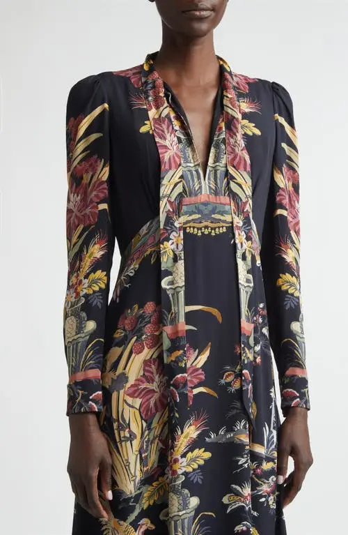 Etro Placed Flower & Animal Print Tie Neck Long Sleeve Dress