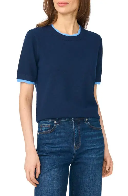 CECE DUPRAZ Lace Trim Short Sleeve Crewneck Sweater - Blue Midnight