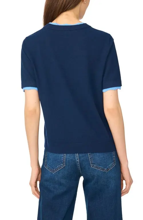 CECE DUPRAZ Lace Trim Short Sleeve Crewneck Sweater - Blue Midnight