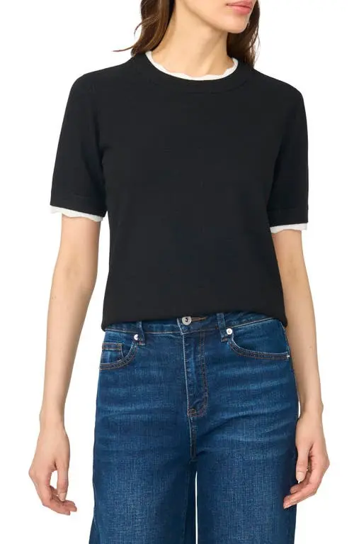 CECE DUPRAZ Lace Trim Short Sleeve Crewneck Sweater - Rich Black