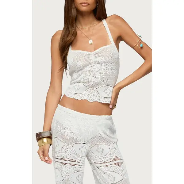 EDIKTED Milaya Sheer Crochet Square Neck Tank - White