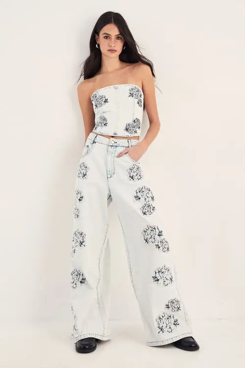 Nasty Gal Acid Wash Embroidered Baggy Jeans