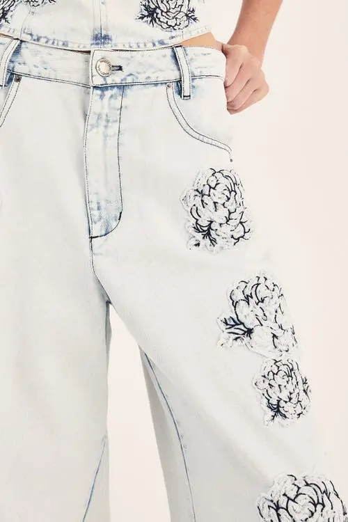 Nasty Gal Acid Wash Embroidered Baggy Jeans